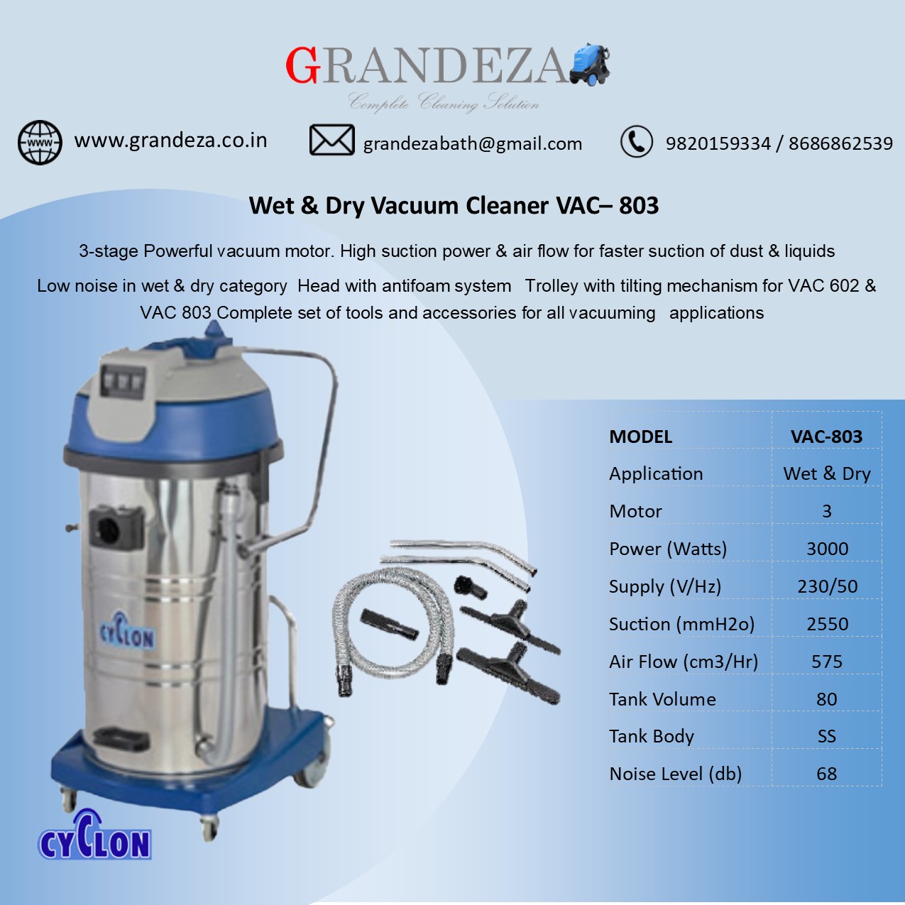 VAC-803 Wet & Dry Vacuum Cleaner 80 Ltrs – grandeza